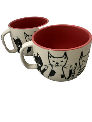 Pair of Anthropologie "Cat Person" Mug Black White Cat / Cream w/ Pink ...