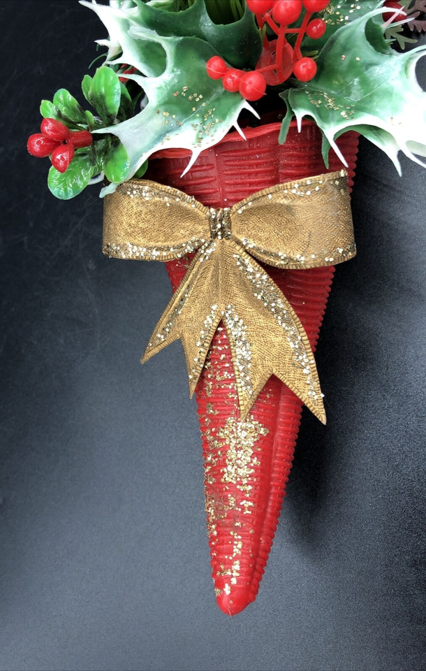 Vintage Christmas Red Plastic Cornucopia Variegated Glittered Holly ...