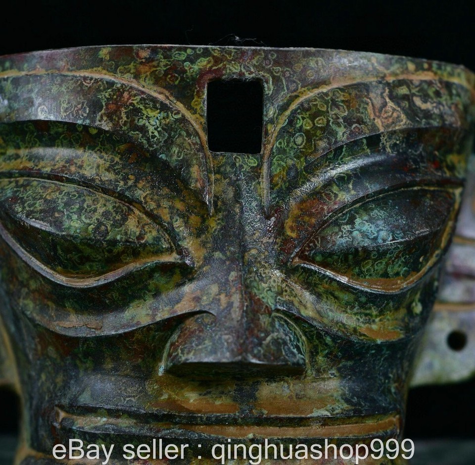 8" Chinese dynasty Bronze Ware 3 star pile Human face mask Sculpture ...