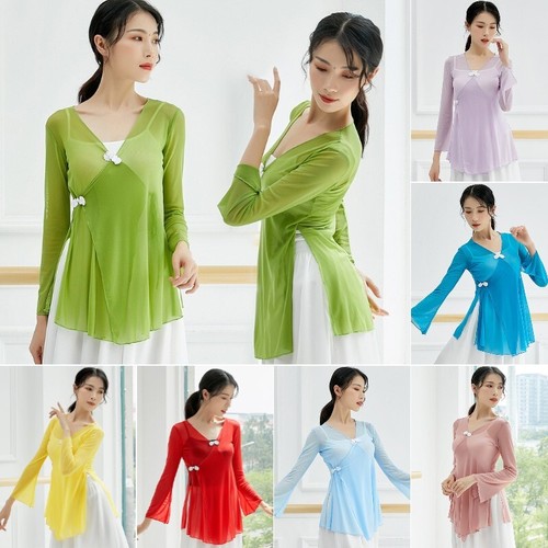 Women's Mesh Sheer Tops T-shirt Blouse Side Slit Ballet Classical ...