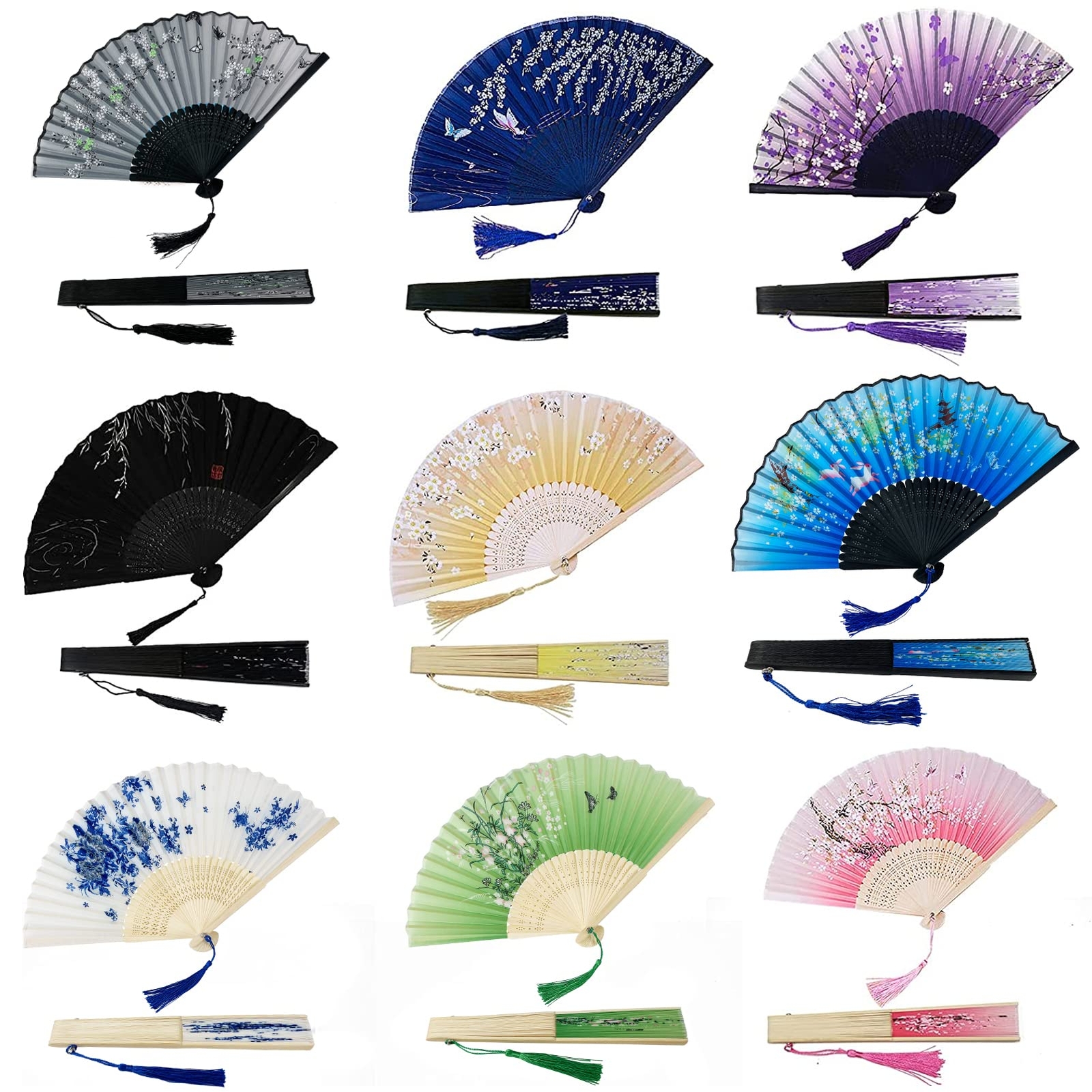 9 Pieces Floral Folding Silk Hand Fan Handheld Chinese Style Fabric ...