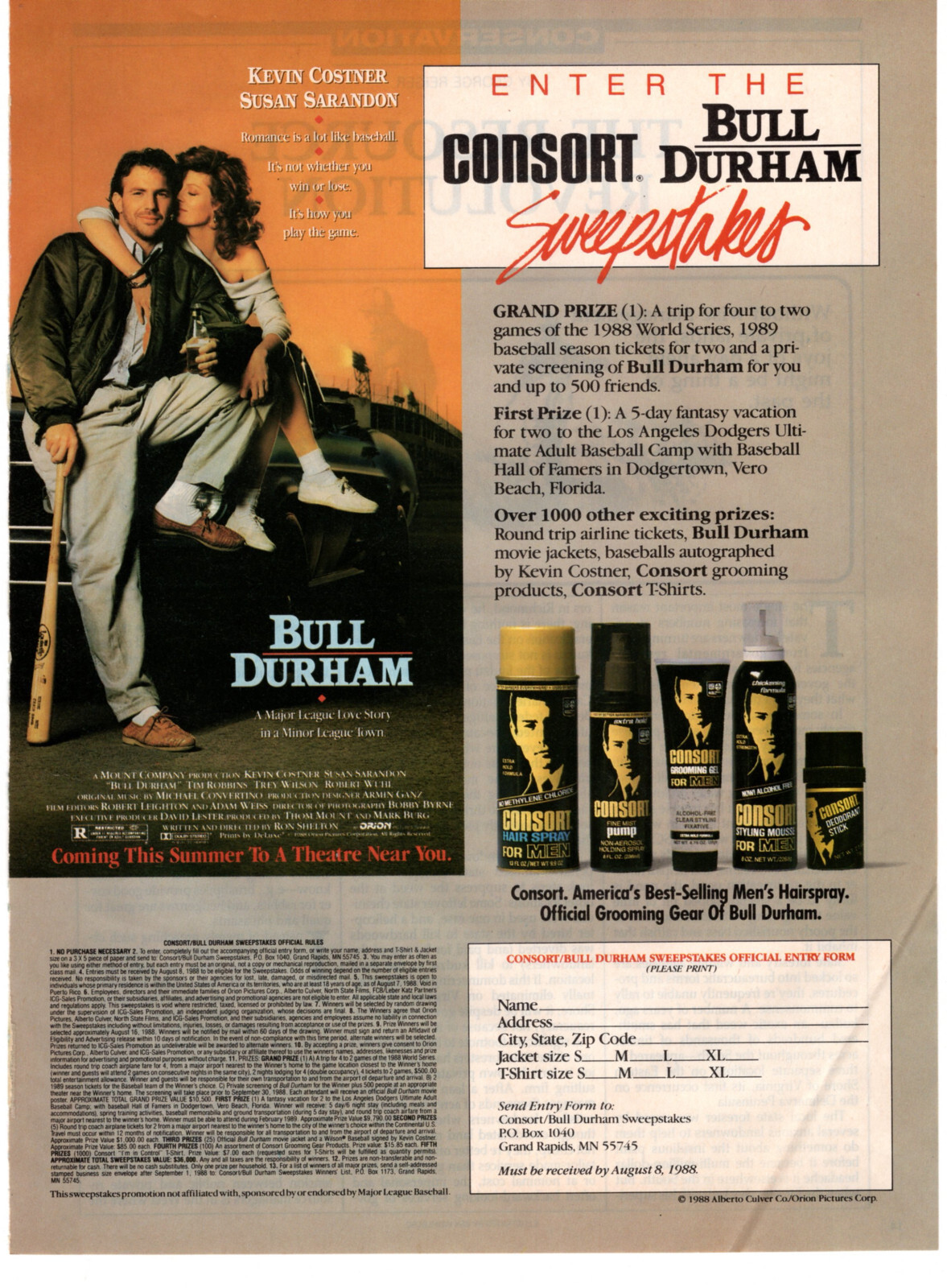 Bull Durham Movie Kevin Costner Consort 1988 Vintage Print Ad Original ...