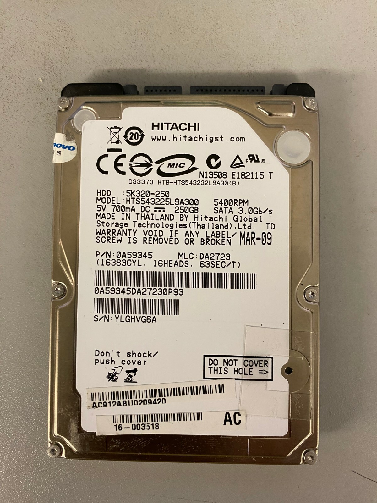 Hitachi HTS543225L9A300 P/N:0A59345 MLC:DA2723 HDD: 5K320-250 2.5" SATA ...