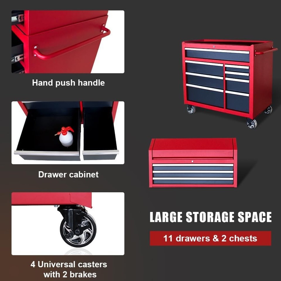 41 inch Heavy Duty Rolling Tool Chest Combo 11-Drawer Storage Cabinet ...