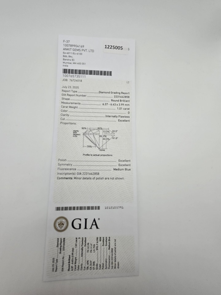 1.01ct GIA D IF Round Triple Excellent Med Blue Fluor NO RESERVE PRICE ...