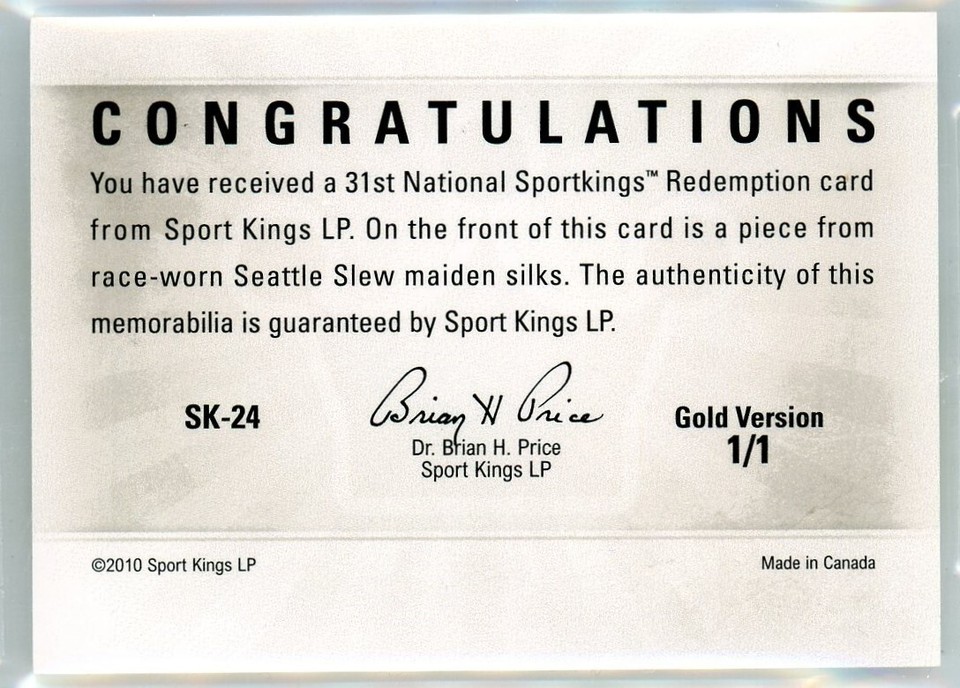2010 SPORTKINGS SEATTLE SLEW NATIONAL MEMORABILIA GOLD #SK24 BGS GEM ...