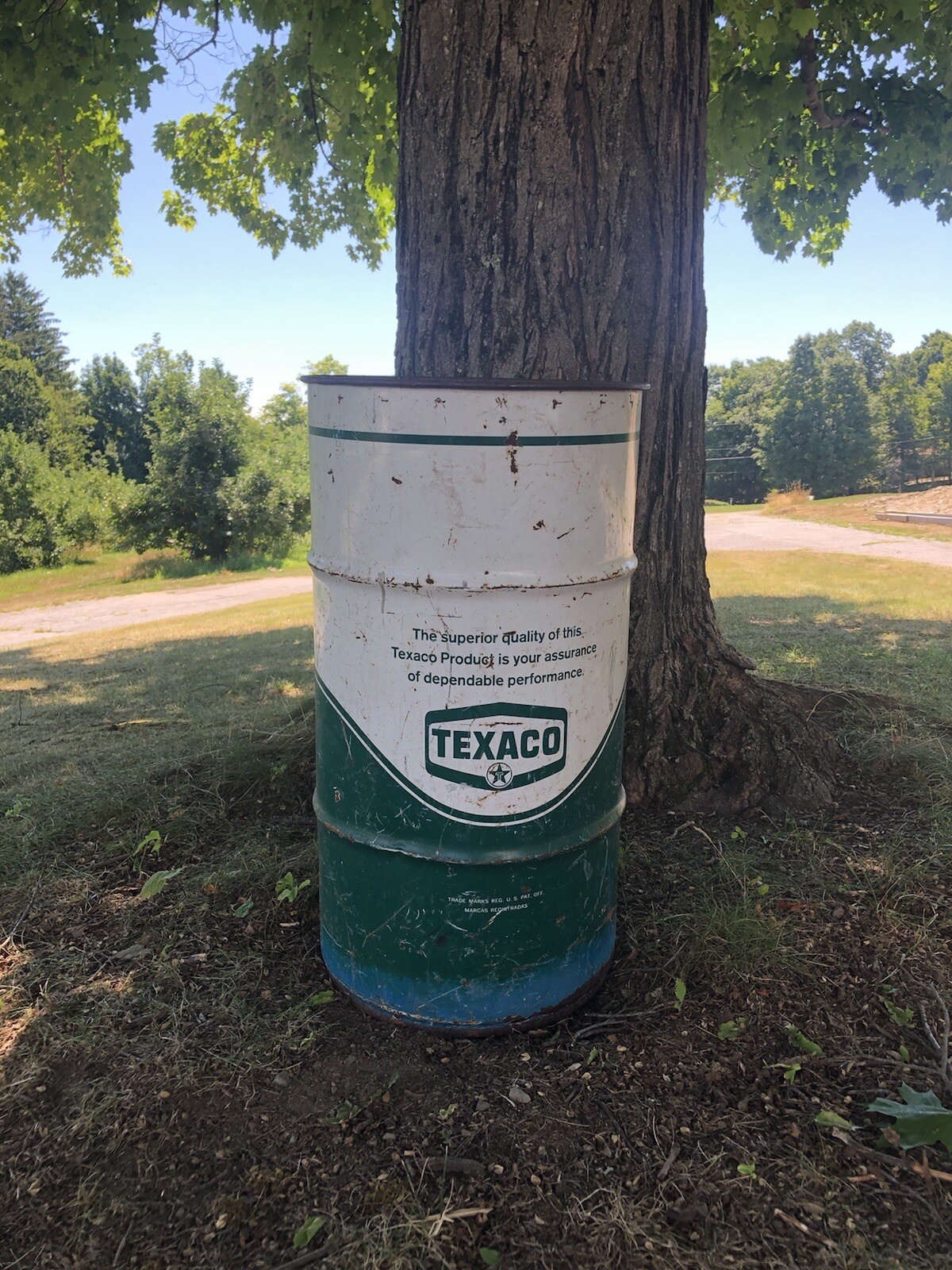 Vintage TEXACO OIL BARREL advertising metal trash can steel waste green ...
