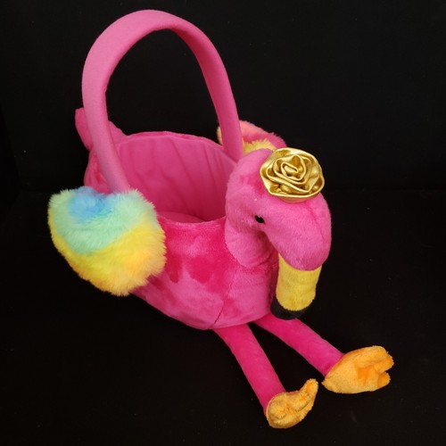 Pink Flamingo Plush Gift Basket Bag Rainbow Wings Gold Rose Hat Easter ...