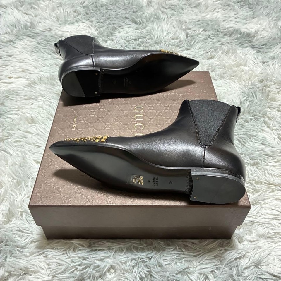 Auth GUCCI Studs Side-gore Short Boots UK2 EU35 US5 Leather Black Logo ...