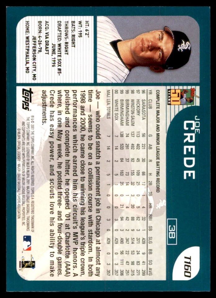 2001 TOPPS TRADED ROOKIES JOE CREDE CHICAGO WHITE SOX #T160 | eBay