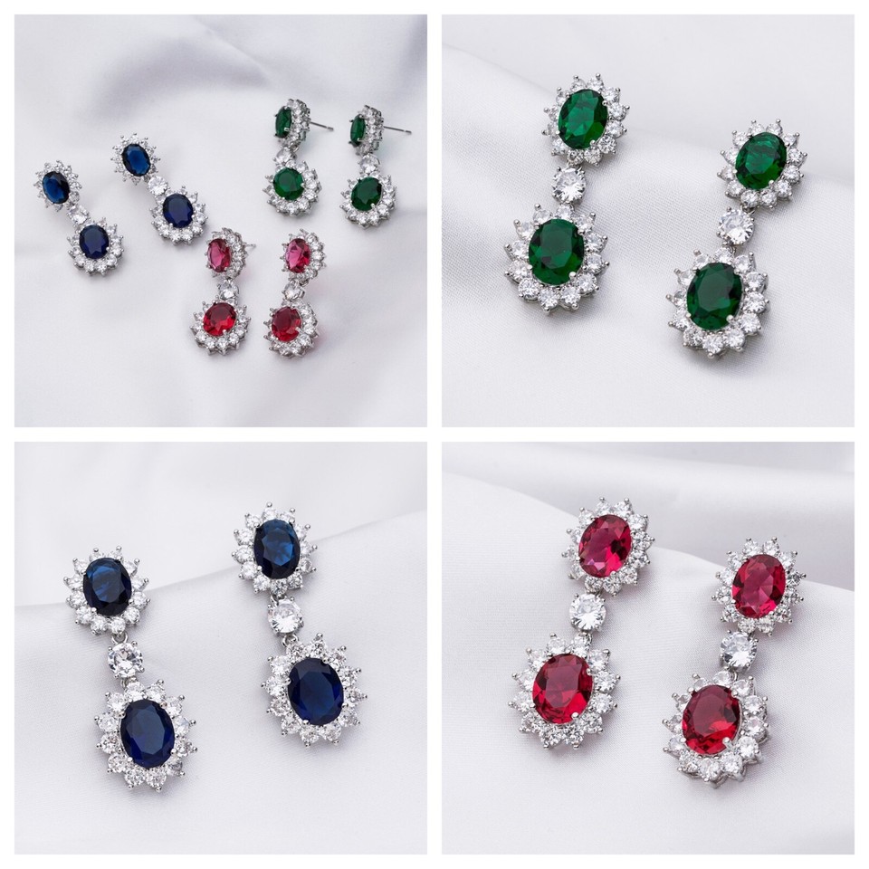 British Royal Princess Earrings in Red, Blue, and Green cubic Zirconia ...