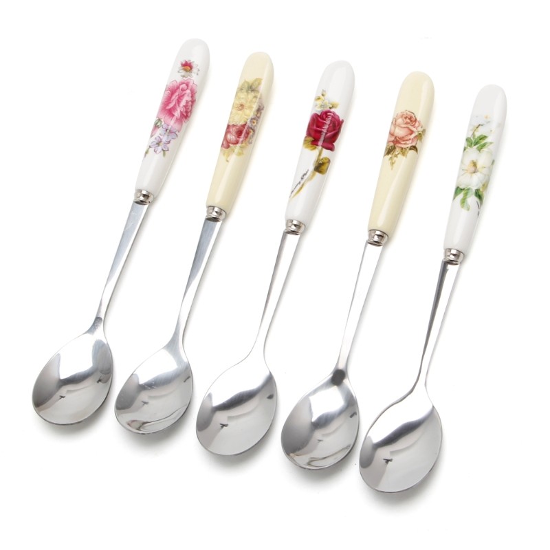 1PC Flower Ceramic Handle Stainless Steel Tea Coffee Ice Cream Spoon ...
