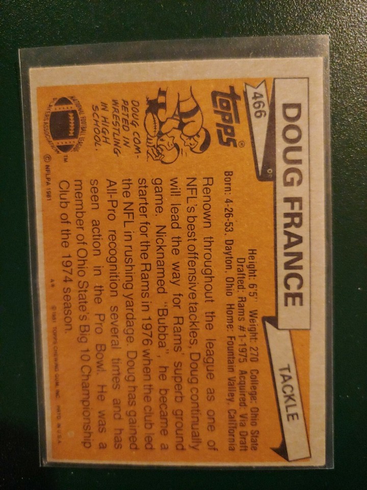 1981 Doug France Rams Topps Card 466 Free Shipping | eBay