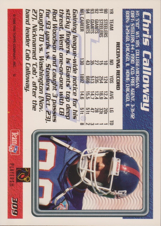 Chris Calloway 1995 Topps # 309 New York Giants Football | eBay