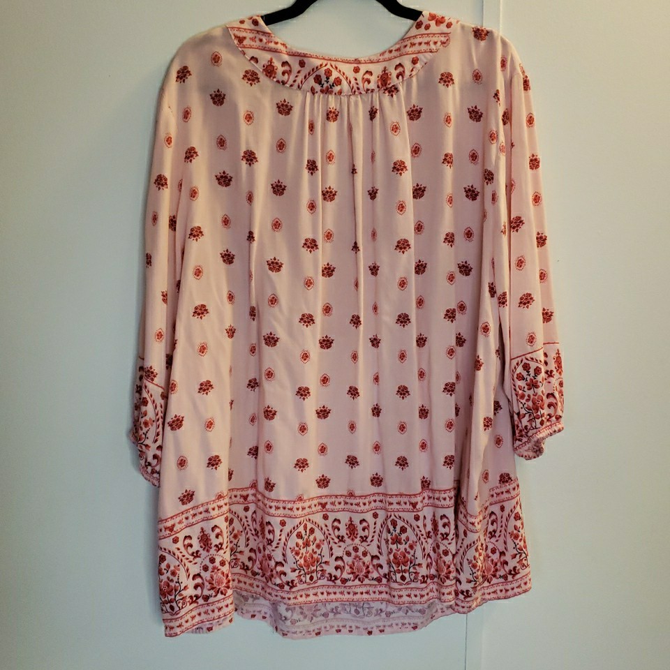 Woman Within Tunic Top Pink Floral V-Neck Long Sleeve Peasant ...