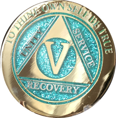5 Year AA Medallion Elegant Glitter Aqua Gold Plated Sobriety Chip Coin ...