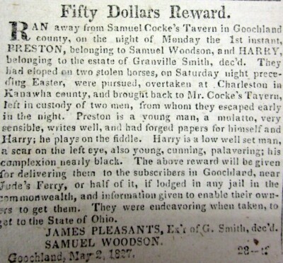 1827 Richmond VIRGINIA newspaper w AD Reward offered for RUNAWAY SLAVE ...