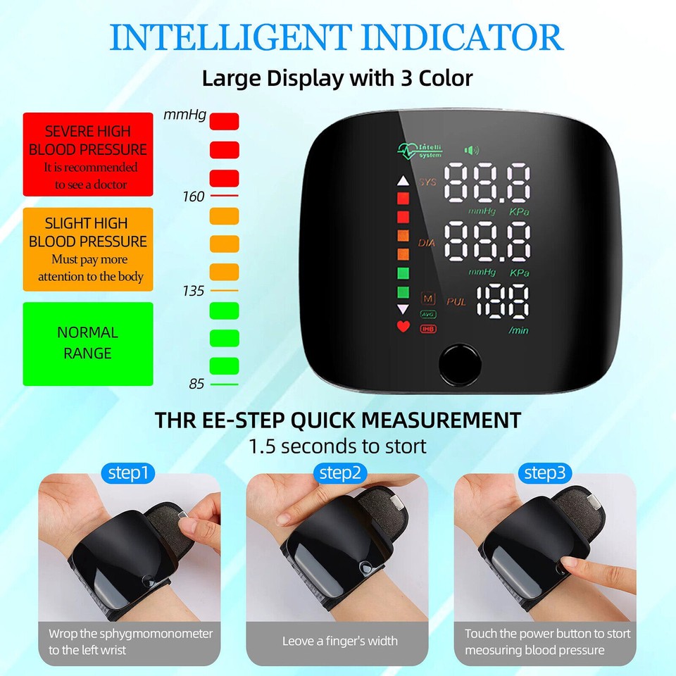 Rechargeable LED Blood Pressure Monitor Wrist Voice Broadcast Heart ...
