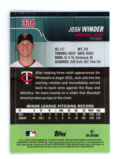 2022 Topps Stadium Club Chrome - Updates #336 Josh Winder (RC) for sale ...