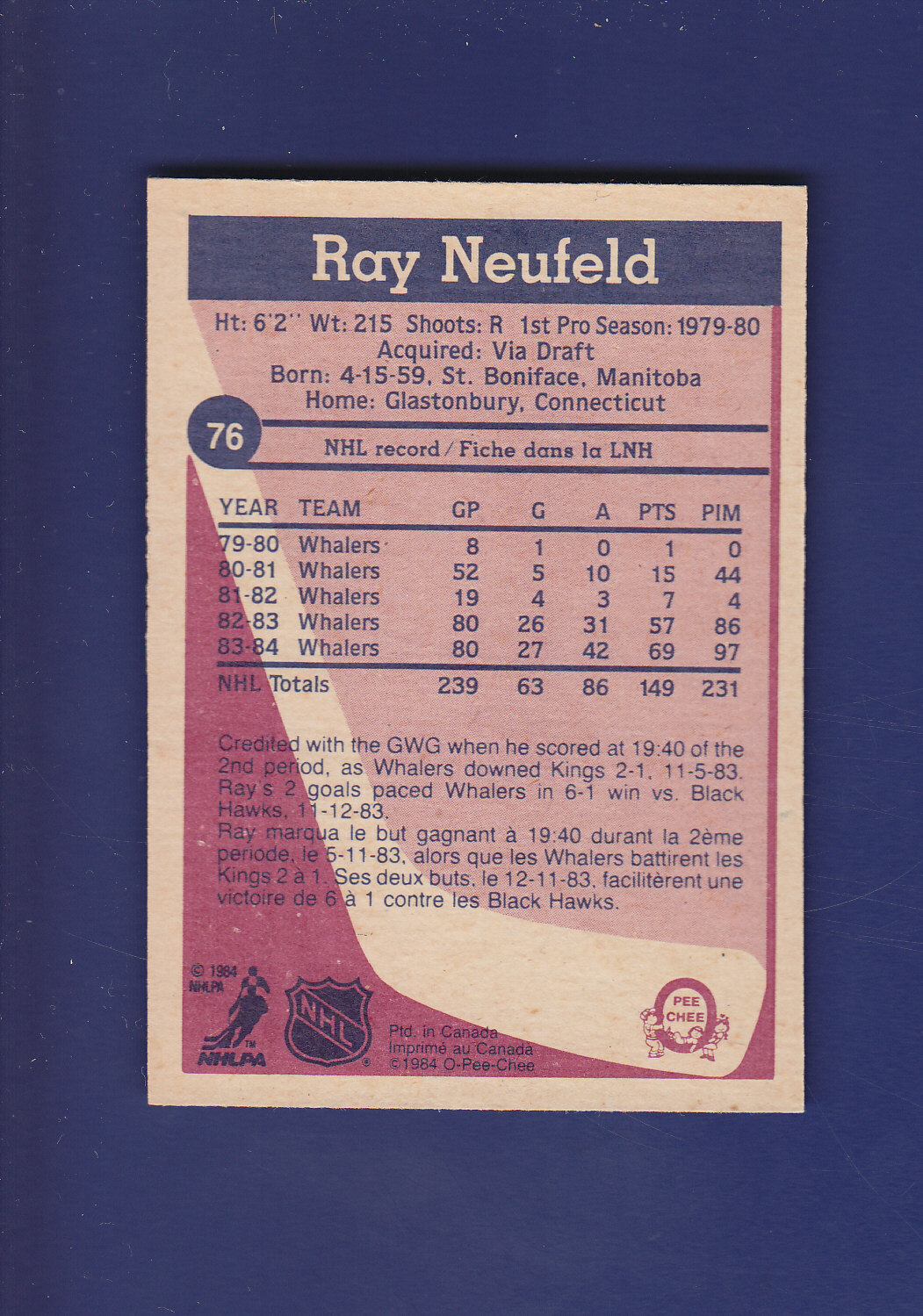 Ray Neufeld 1984-85 O-PEE-CHEE OPC Hockey #76 (NM+)(OC) Hartford ...