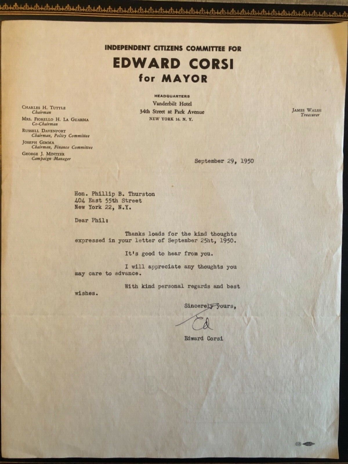 Edward Corsi typed and signed letter writer Public Official | eBay