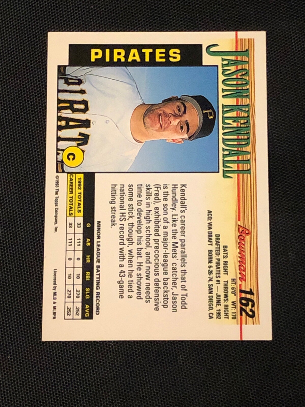 JASON KENDALL 1993 BOWMAN ROOKIE SIGNED AUTOGRAPHED CARD #162 ...