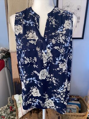 Primark Tank Top Shirt Sleeveless Blouse V Neck Blue Floral US Size 10 ...