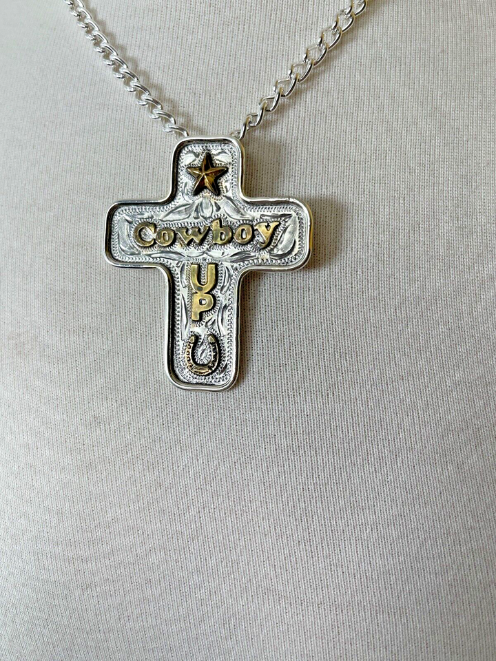 Western Mens Necklace 18 in Cowboy Up Cross Rodeo Silver Gold Accents ...