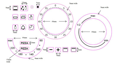 OVEN TEMPERATURE 60-220 STICKERS, TIMER, GRILL DIAL + 16 OVEN SYMBOLS ...