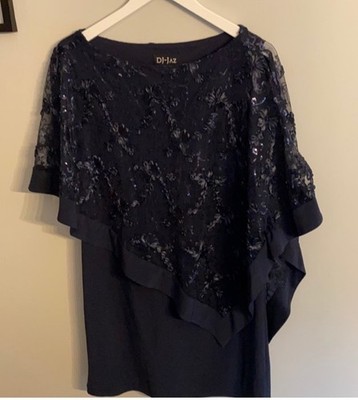 DJ-Jaz Navy Blue Sequin Embroidered Mesh Cape Sheath Dress Size 12 ...