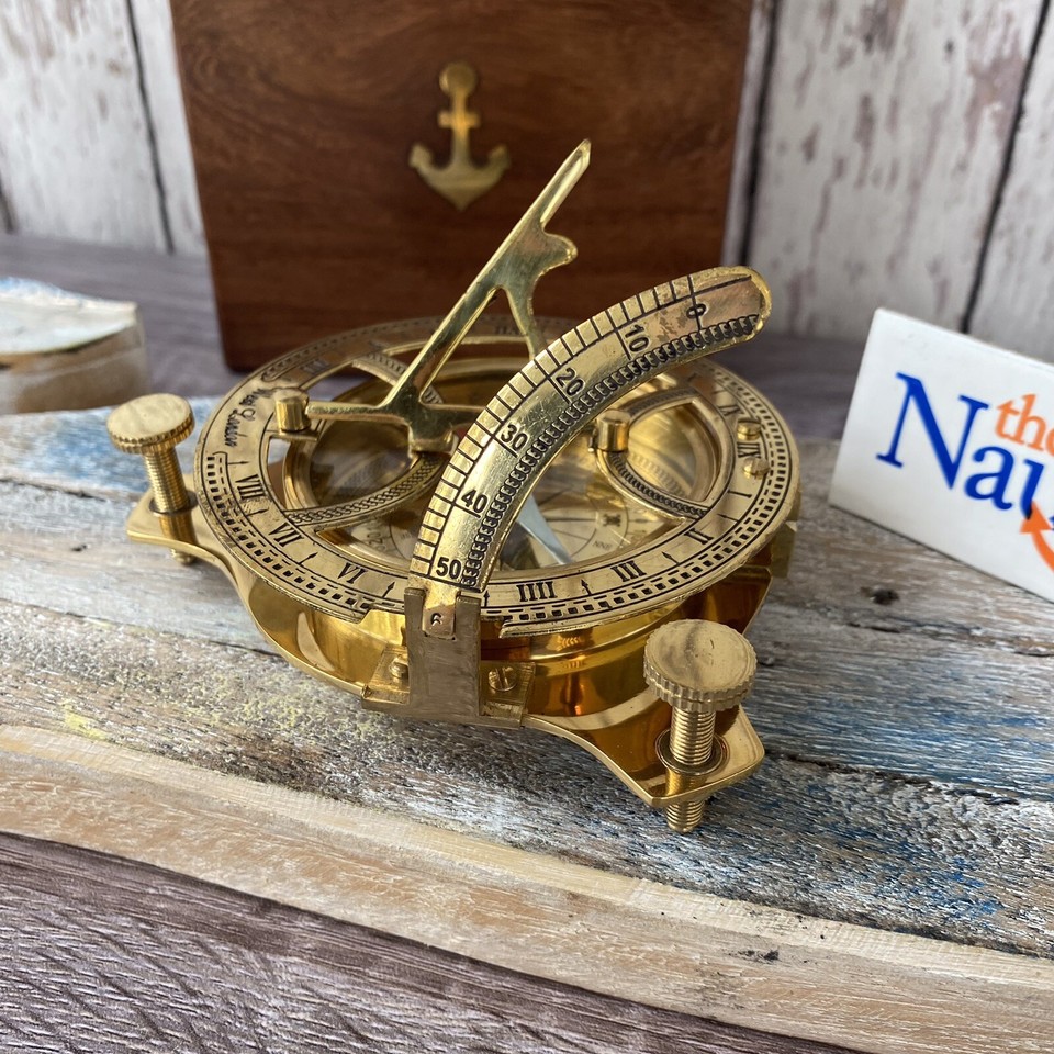 Large 3.75" Brass Sundial Desk Compass w/ Wooden Box - Old Vintage ...
