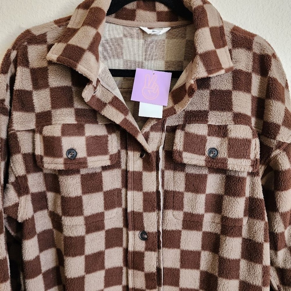 Ascot + Hart Checkered Fleece Graphic Shacket - Brown Check NWT | eBay