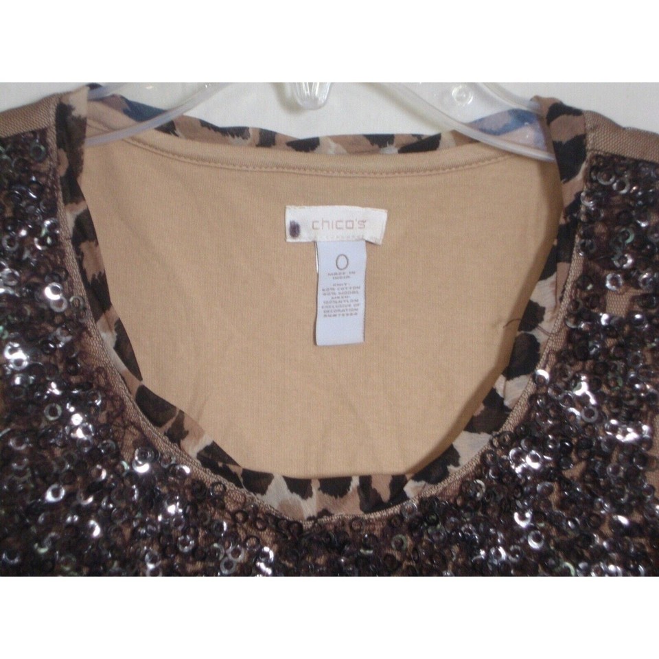 CHICO'S Sequin Animal Print Tank Top SZ S Brown Sleeveless Stretchy ...