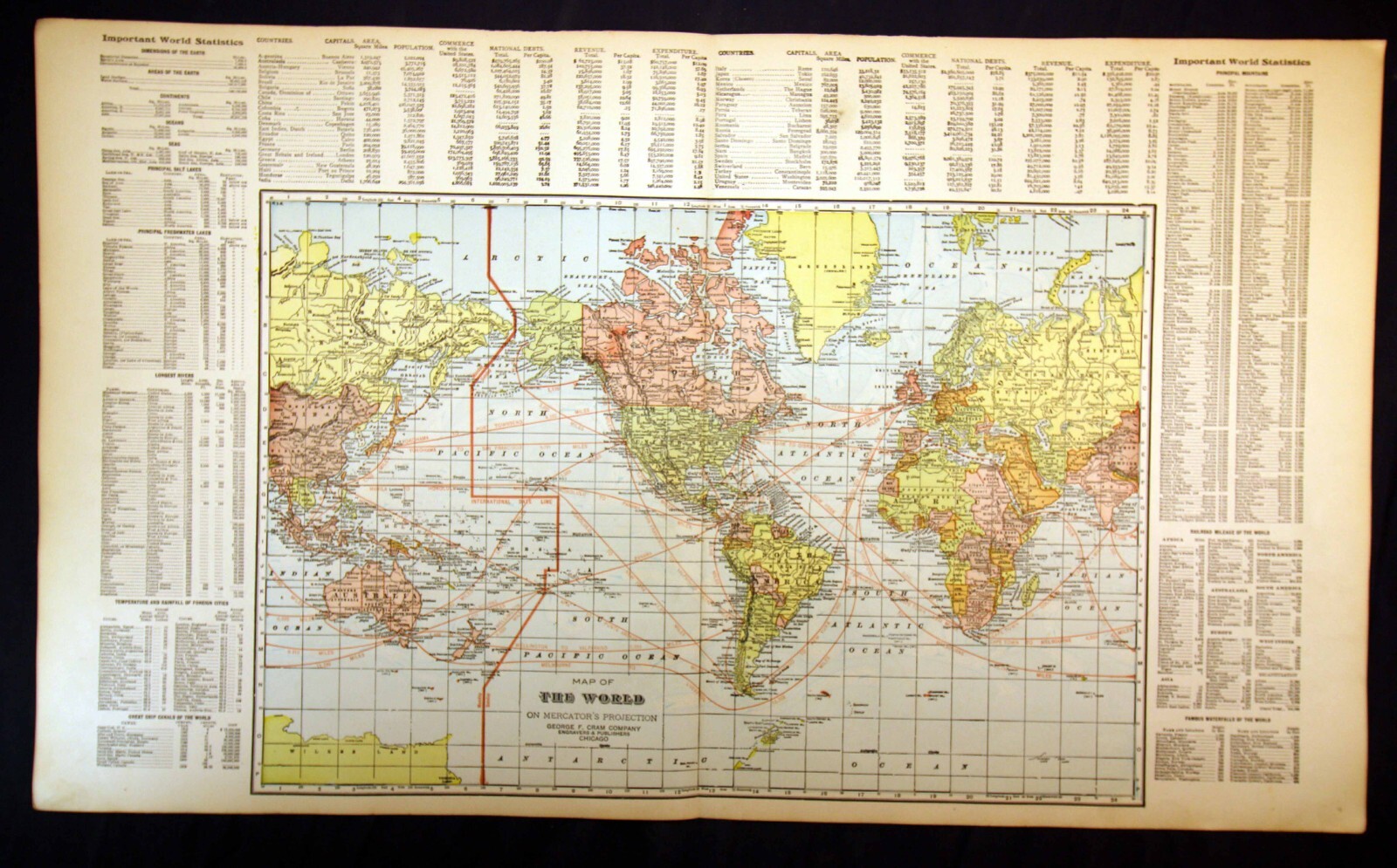 1919 Map of The World on Mercator's Projection George F Cram Color 17½ ...