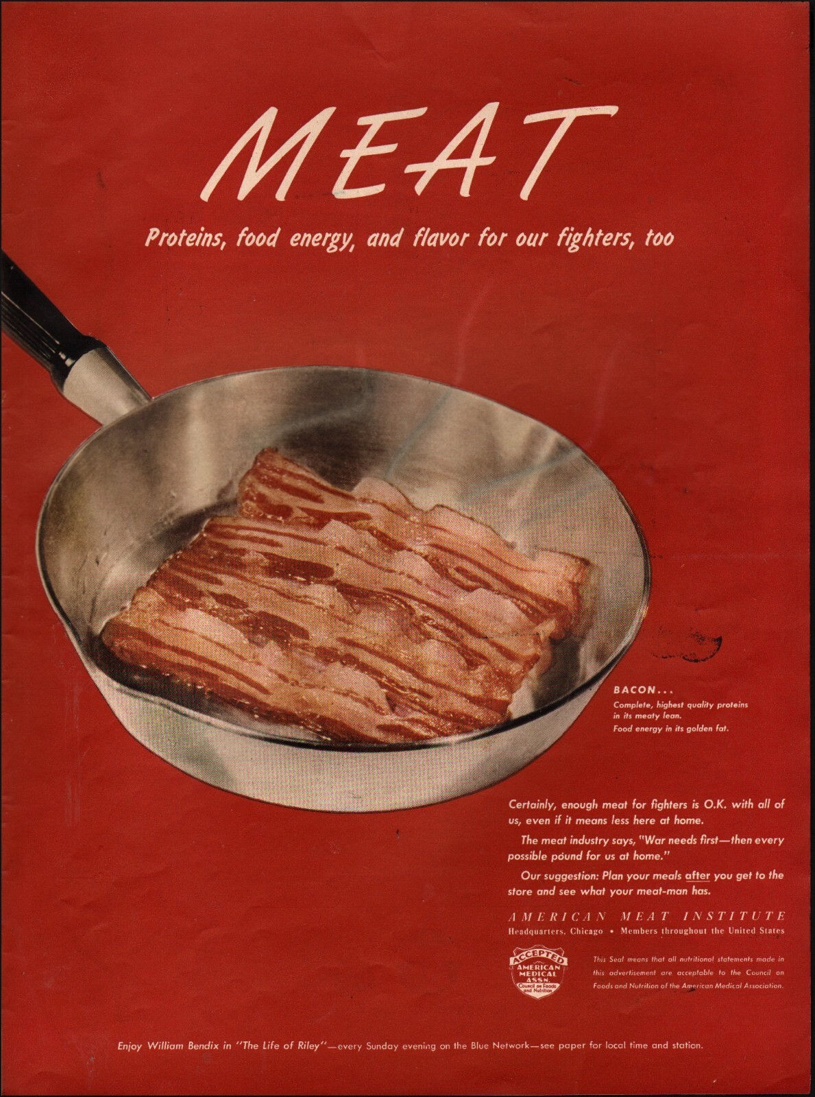 1945 Vintage ad American Meat Institute Bacon retro Art WWII era 11/17 ...
