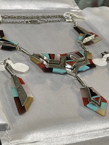 Zuni Sterling Silver Geometric Inlay Raised Design Necklace & Earrings ...