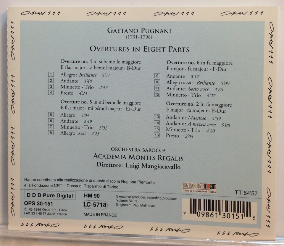 Pugnani : Overtures in Eight Parts (CD 1996 Opus 111) *Like New* | eBay