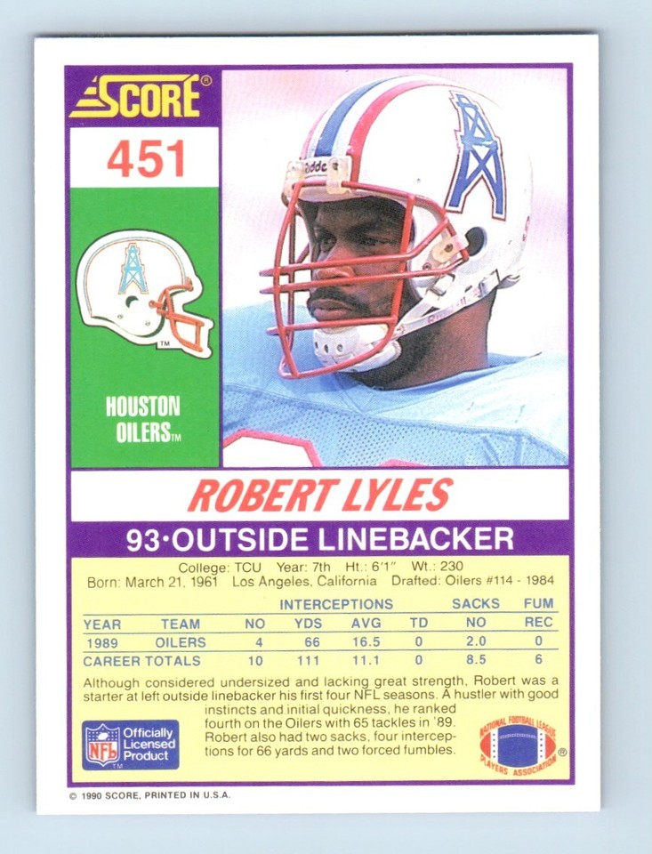 1990 Score Robert Lyles Houston Oilers #451 | eBay