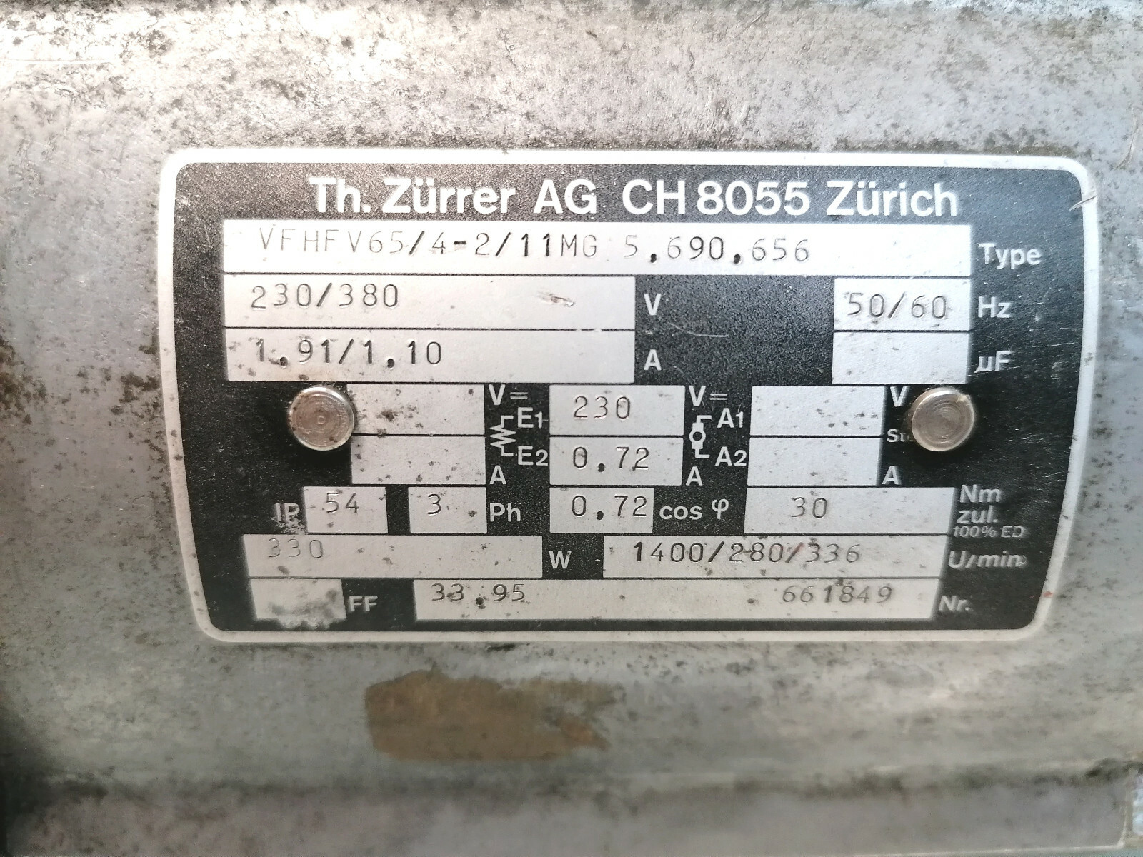 TH ZURRER AG CH8055 Zurich Motor type VF HF V65/4-2/11MG 5.690.656 230/ ...