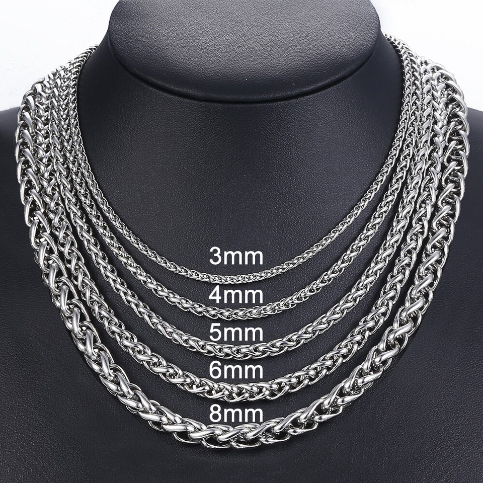 3/4/5/6/8mm Braided Wheat Chain Silver 316L Stainless Steel Men Women ...