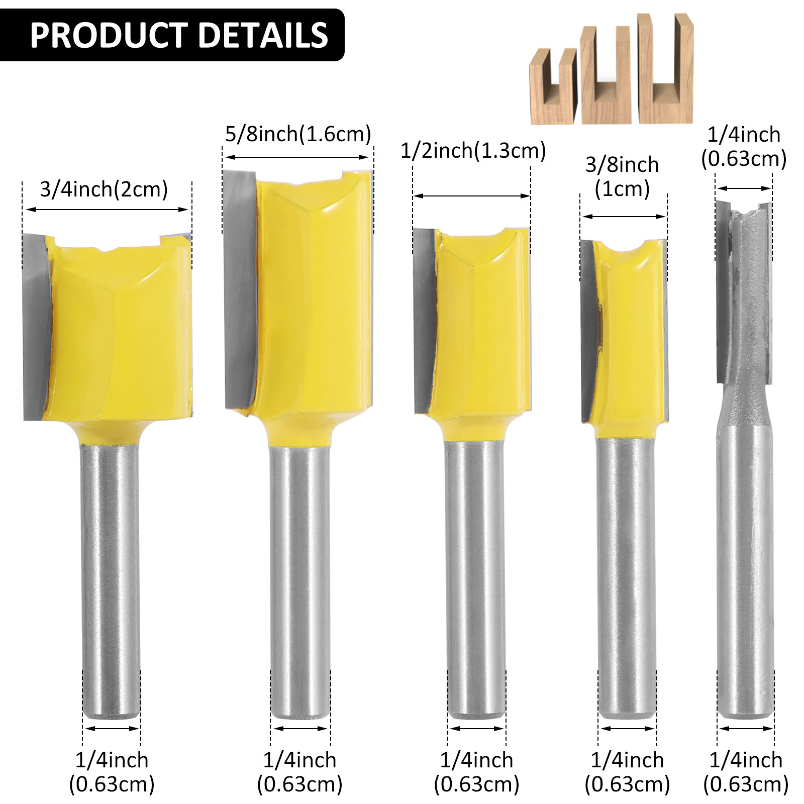 5Pcs 1/4" Shank Straight Dado Router Bit Double Flute Straight Cut ...