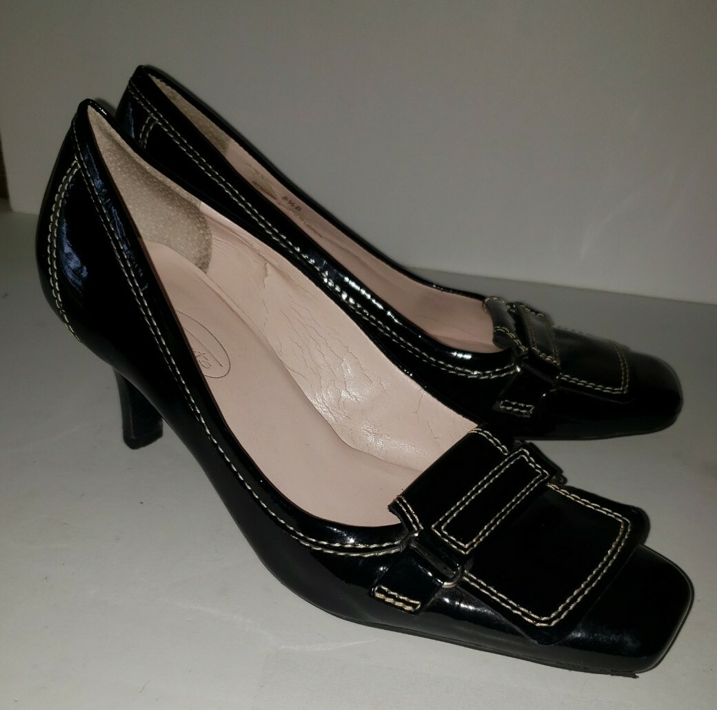 TALBOTS black Patent Leather Kilt Flap Heels Pumps 8.5 - Gem