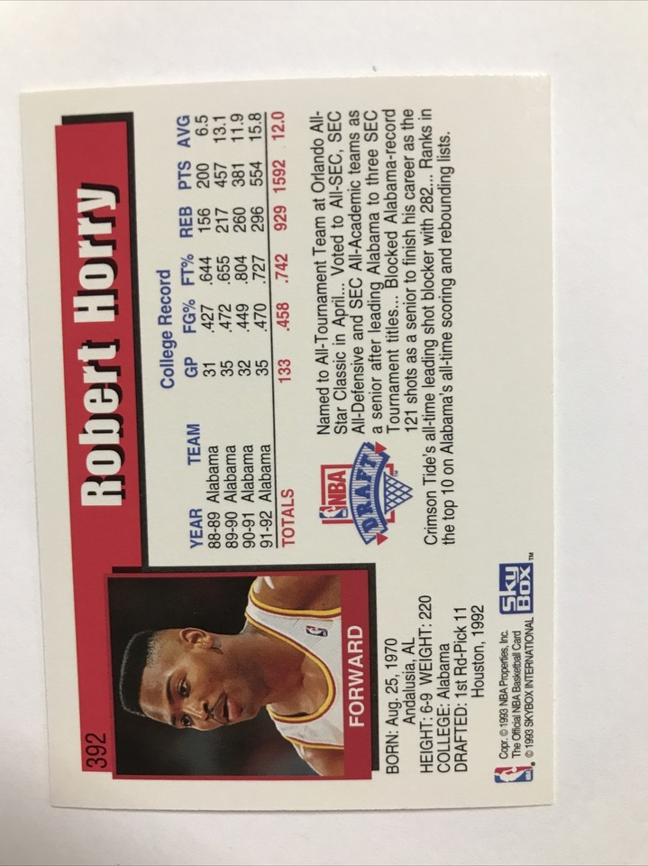 1992-93 Hoops #392 Robert Horry RC Houston Rockets Basketball Rookie ...
