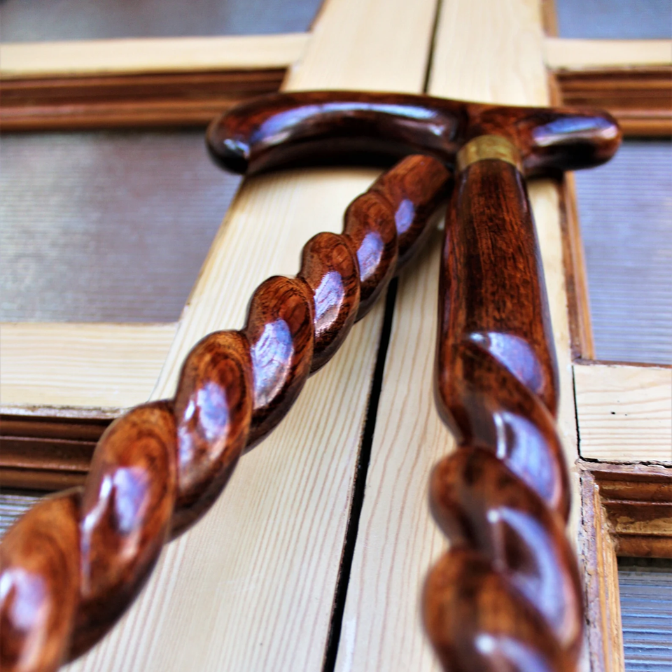 Hand-Carved Wooden Walking Cane Polished Derby Handle & Twisted Shaft ...