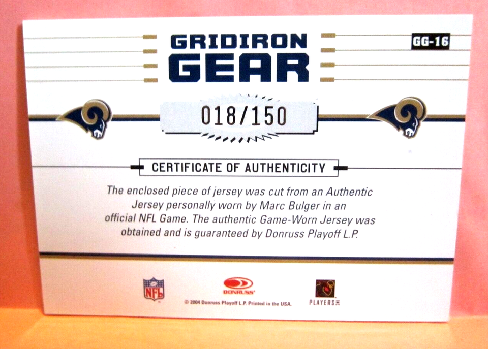 Marc Bulger 2004 Donruss Elite Gridiron Gear GU Jersey Patch#18/150 ...