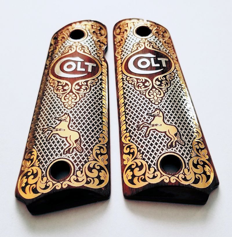 COLT 1911 custom engraved wood grips gold silver rampant horse logo ...