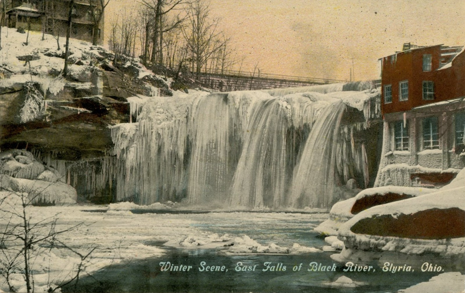 POSTCARD - ELYRIA, OHIO - WINTER SCENE, EAST FALLS OF BLACK RIVER ...