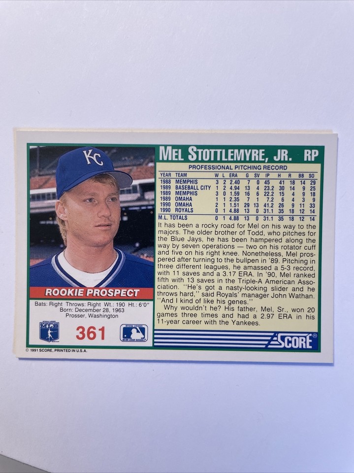 1991 Score Mel Stottlemyre Jr Rookie Prospect RC Baseball Card #361 ...