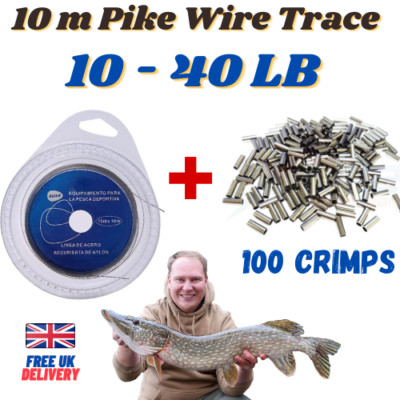 Pike Rigs Wire Trace 10 15 20 30 40 lb with 100 free crimps! Make own ...