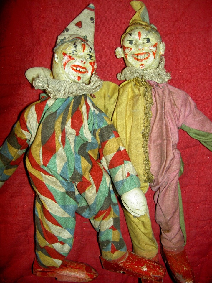 SET of SIX (6) ANTIQUE SCHOENHUT Humpty Dumpty Circus large wood CLOWN ...